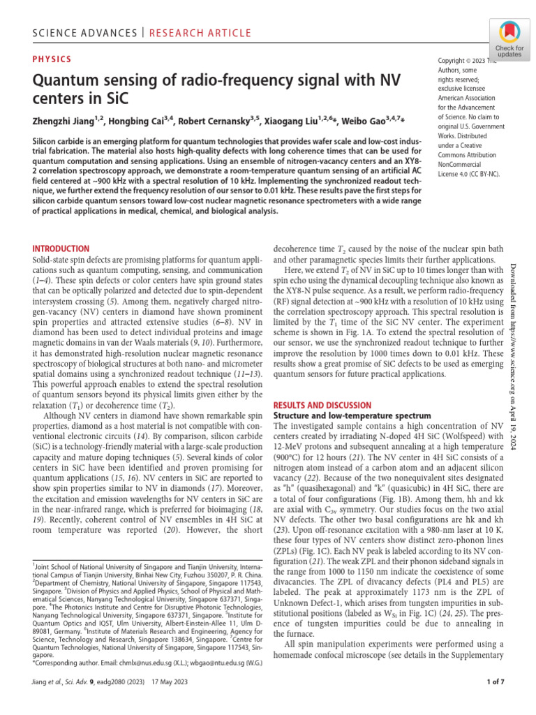 Quantum Sensing of Radio-Frequency Signal With NV Centers in SiC | PDF | Relaxation (Nmr) | Two ...