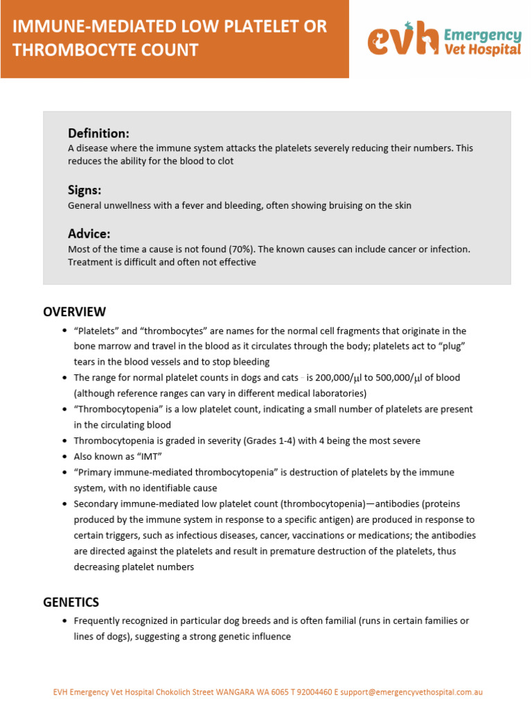EVH Immune Mediated Low Platelet or Thrombocyte Count Handout 2019 ...