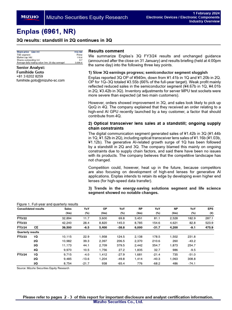 Mizuho Securities 6961@JP Enplas (6961, NR) 3Q Results Standstill in 2Q ...