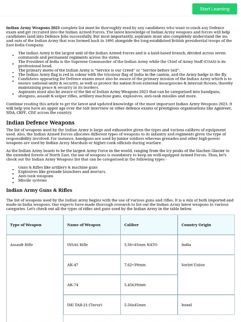 Indian Army Weapons 2023 - Complete List of New & Future Weapons | PDF