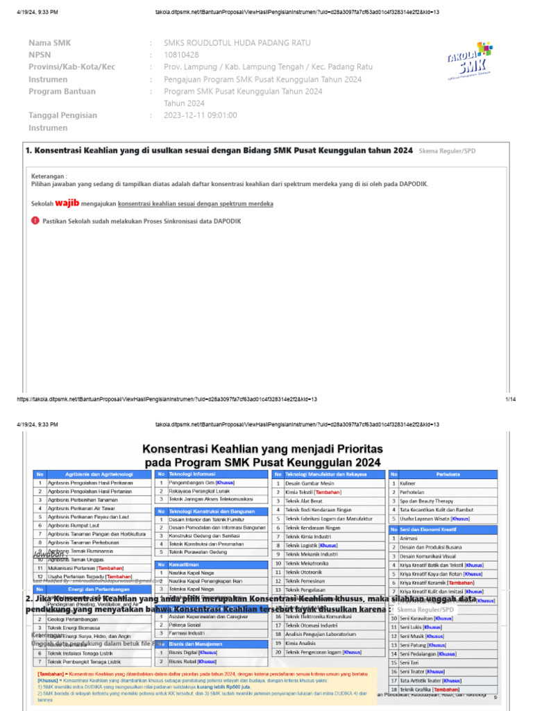 Hasil Isian Takola SMK Roudlotul Huda Padang Ratu Periode 2024 | PDF
