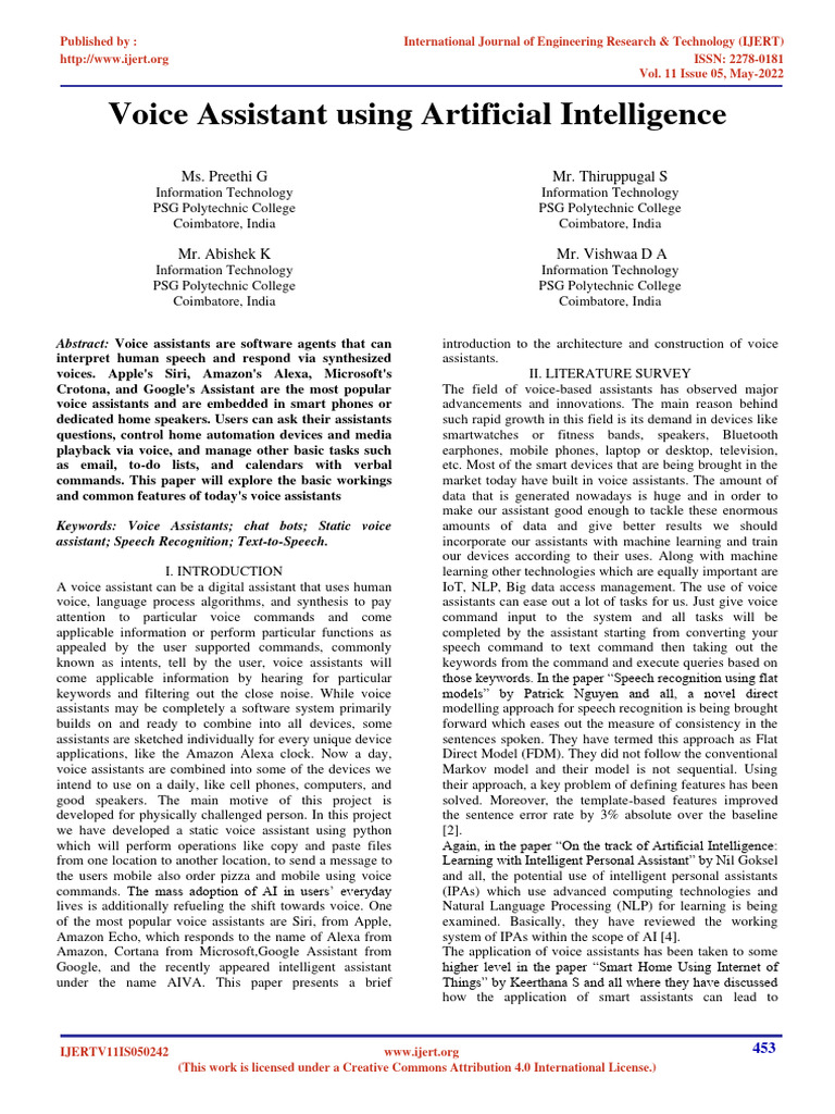 Voice Assistant Using Artificial Intelligence IJERTV11IS050242 | PDF | Speech Synthesis | Speech ...