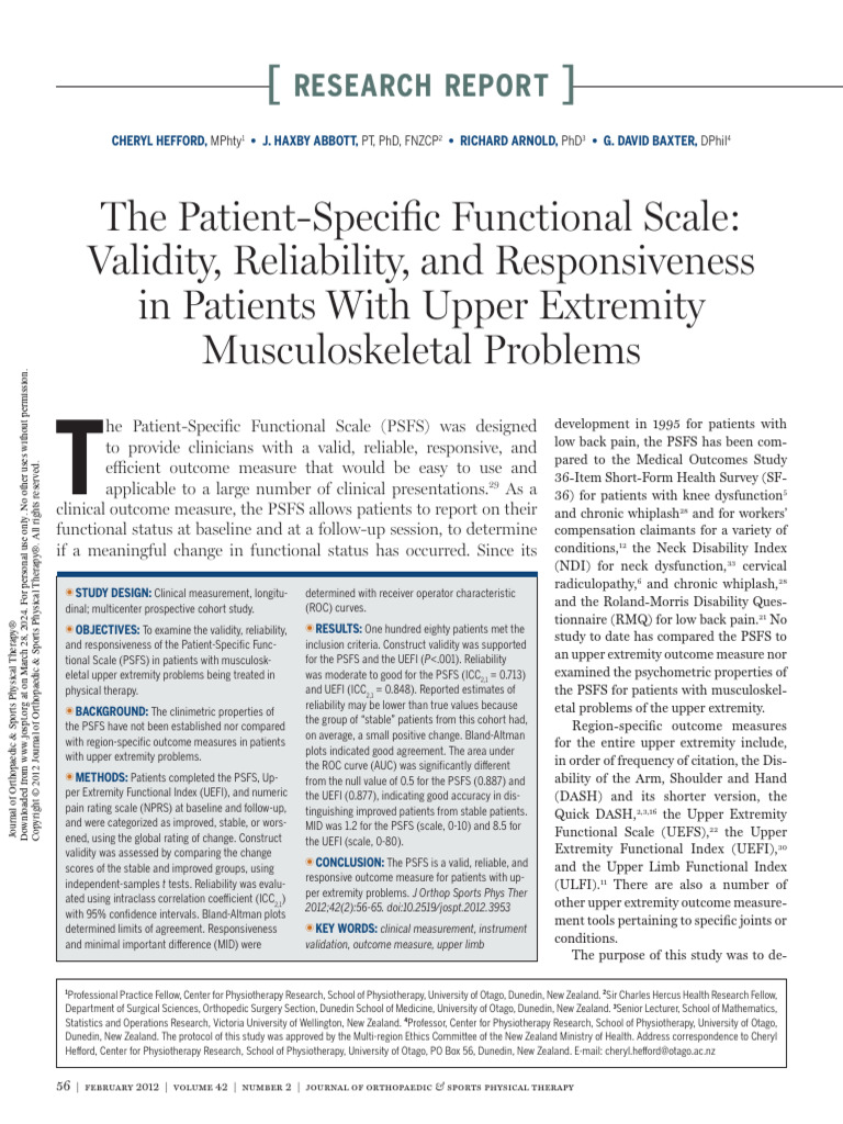 Hefford Et Al 2012 The Patient Specific Functional Scale Validity ...