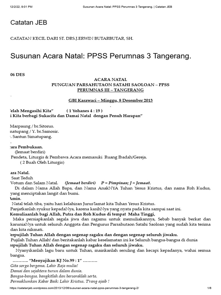 Susunan Acara Natal - PPSS Perumnas 3 Tangerang. - Catatan JEB | PDF