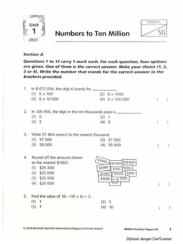 Math 6 - Number To 10 Million Prcatice Paper | PDF