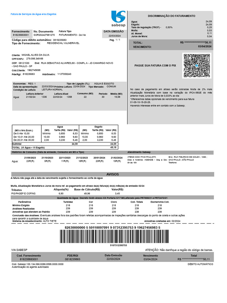 Sabesp Fatura Completa 818235683001 9107312395753 673955 | PDF