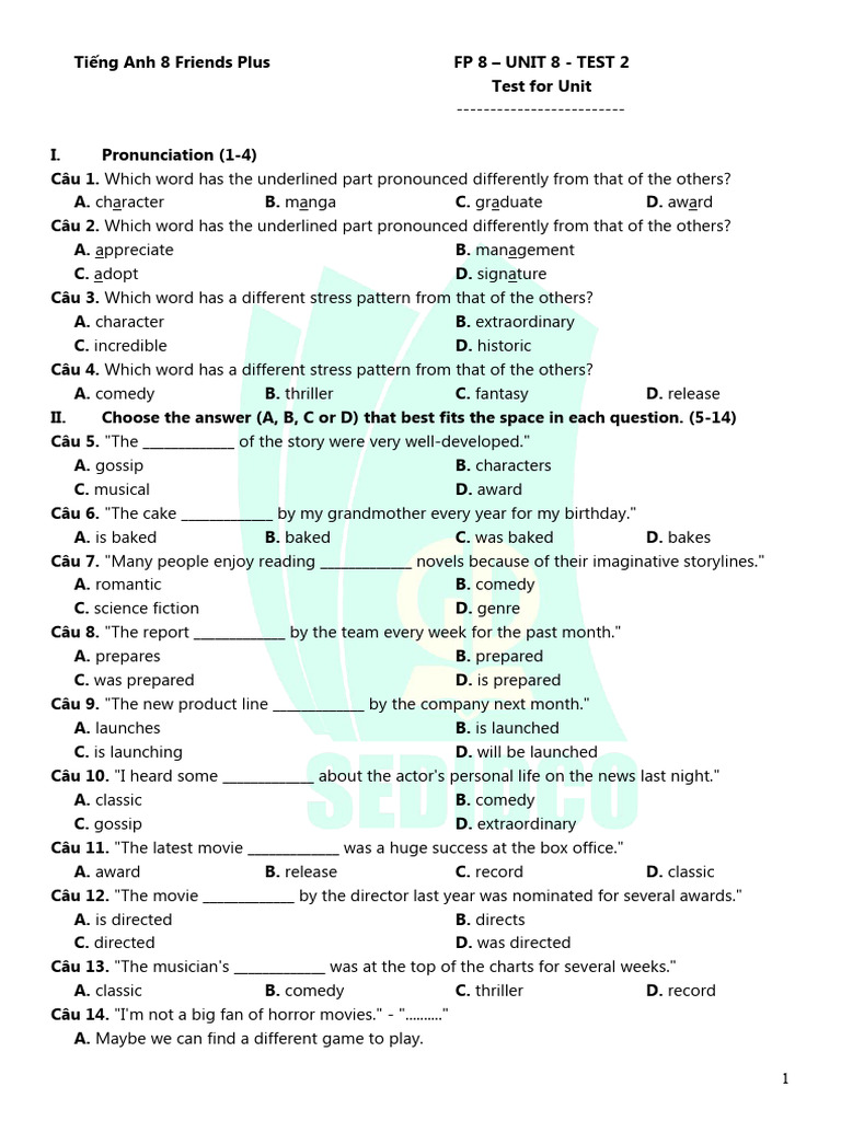 Unit 8 Test 2: Pronunciation & Grammar | PDF | Art