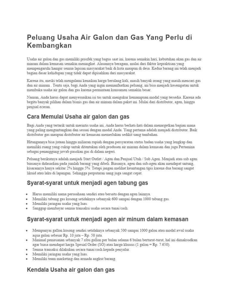 Peluang Usaha Air Galon Dan Gas Yang Perlu Di Kembangkan | PDF