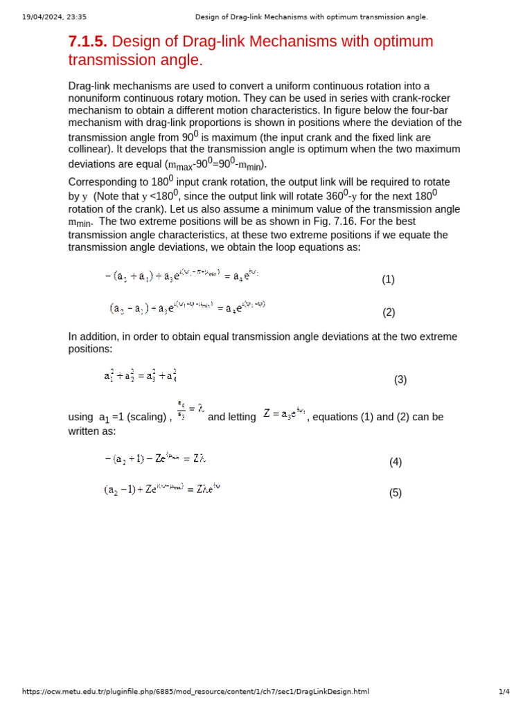Design of Drag-link Mechanisms with optimum transmission angle_ | PDF ...
