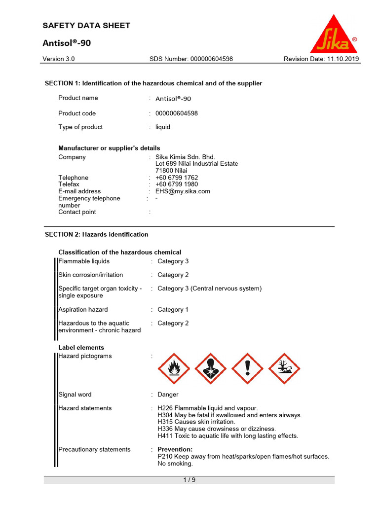 Sika Antisol-90-Safety Data Sheet (En) | Download Free PDF | Toxicity | Occupational Safety And ...