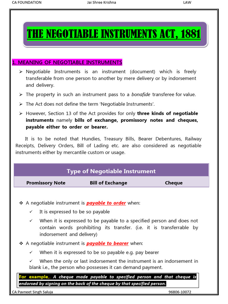 Negotiable Instruments Act Notes Part 1 | PDF | Negotiable Instrument ...