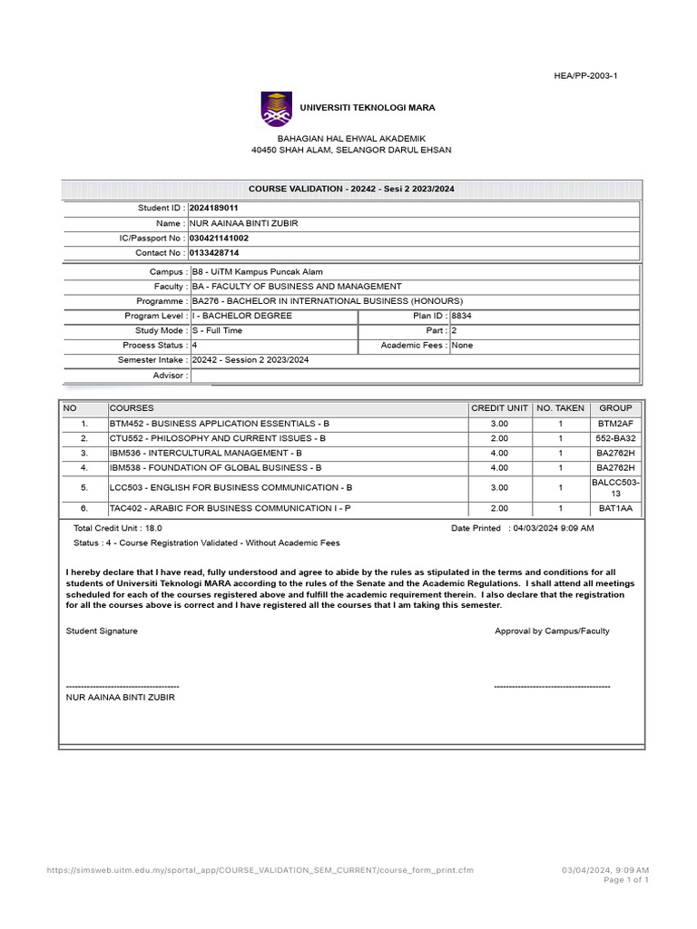 Course Registration Slip - Final | PDF | Government And Personhood