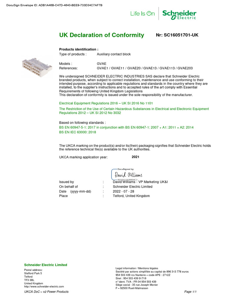 UKCA Declaration: Schneider Electric Auxiliary Contact Blocks | PDF