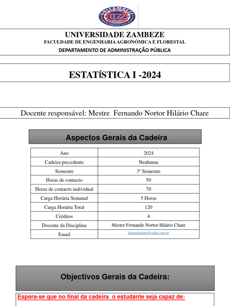 Estatística I: Conteúdo e Objetivos 2024 | PDF | Variação | Dispersão ...