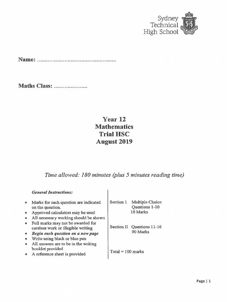 2019 2U - Sydney Tech - Trial Paper (With Solutions) | PDF | Multiple Choice | Triangle