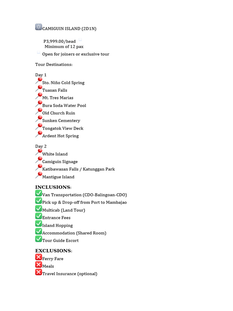 Camiguin Island 2D1N Tour Package | PDF