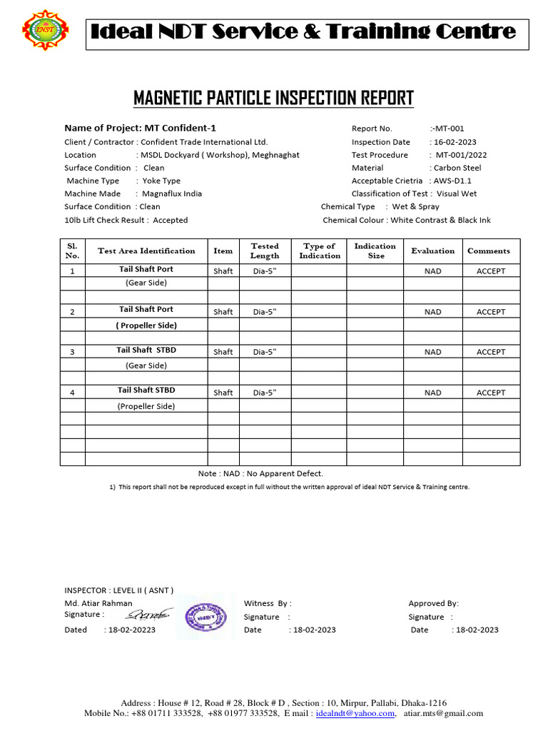 M.T Confident-1 (Docking 2023) MPI Test Report | PDF | Physical ...
