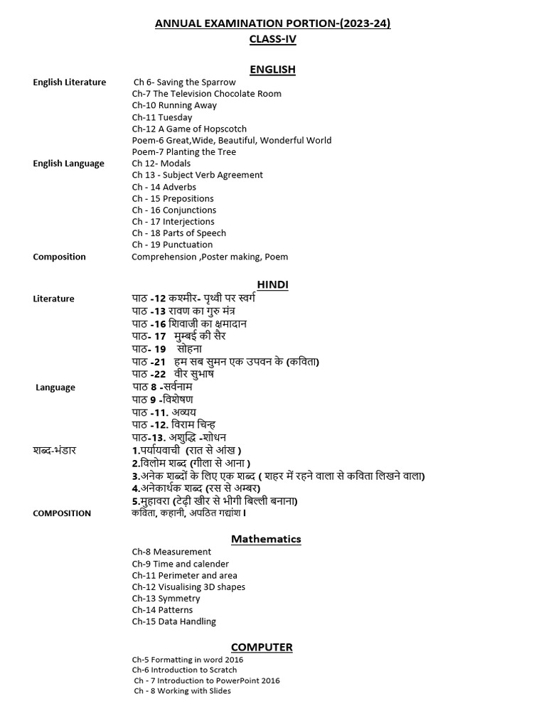CLASS-IV (ANNUAL EXAM PORTION)-2023-24 | PDF