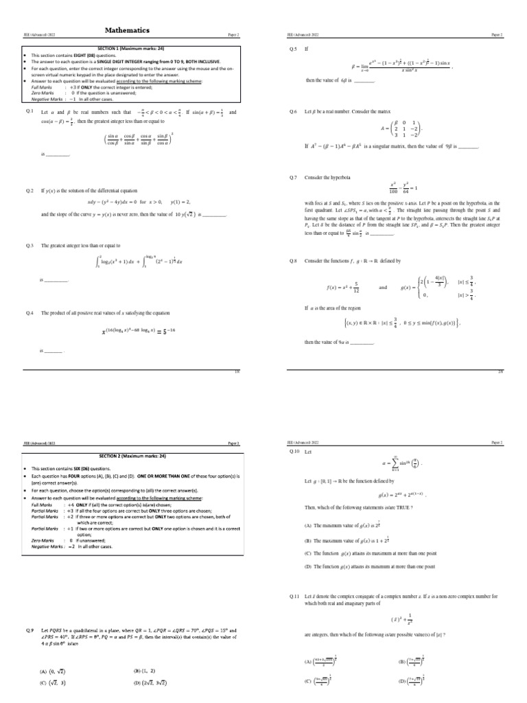 JEE Advanced 2022 Paper 2 Solutions | PDF | Complex Number | Physics