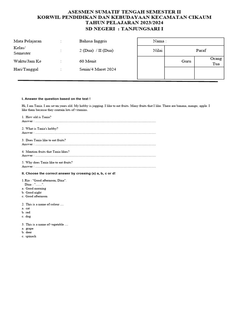 Soal UTS Bahasa Inggris Kelas 2 Semester 2 | PDF