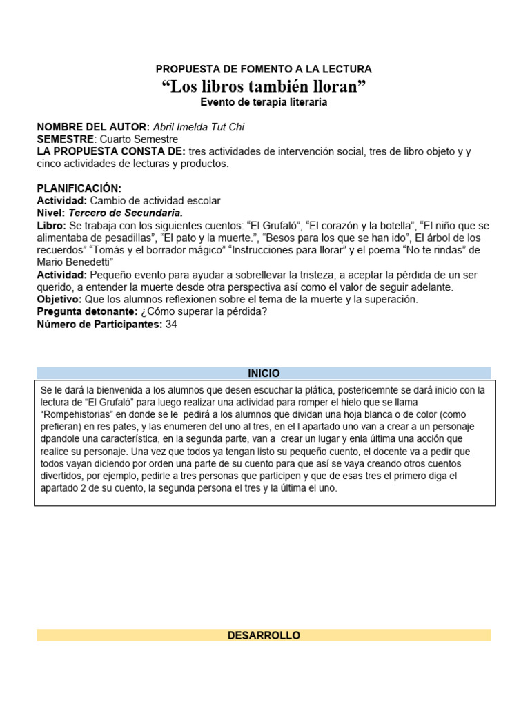 Proyecto - Taller Fomento Lector | PDF | Cuentos