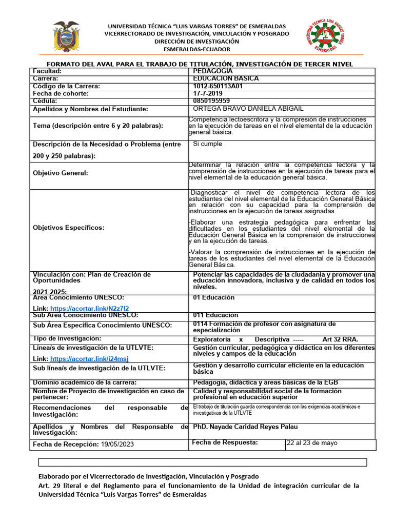 Formato Del Aval para El Trabajo de Titulación, Investigación de Tercer Nivel | Descargar gratis ...