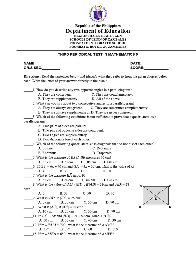 PT_G9_MATH | PDF | Mathematics | Euclidean Geometry