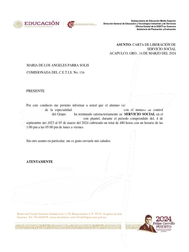 Carta de Liberacion Cetis 116 | PDF
