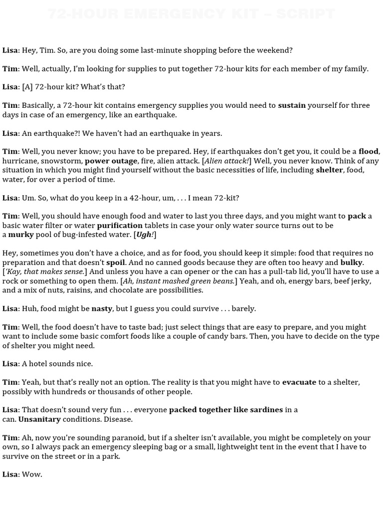 72-Hour Emergency Kit - Script | PDF