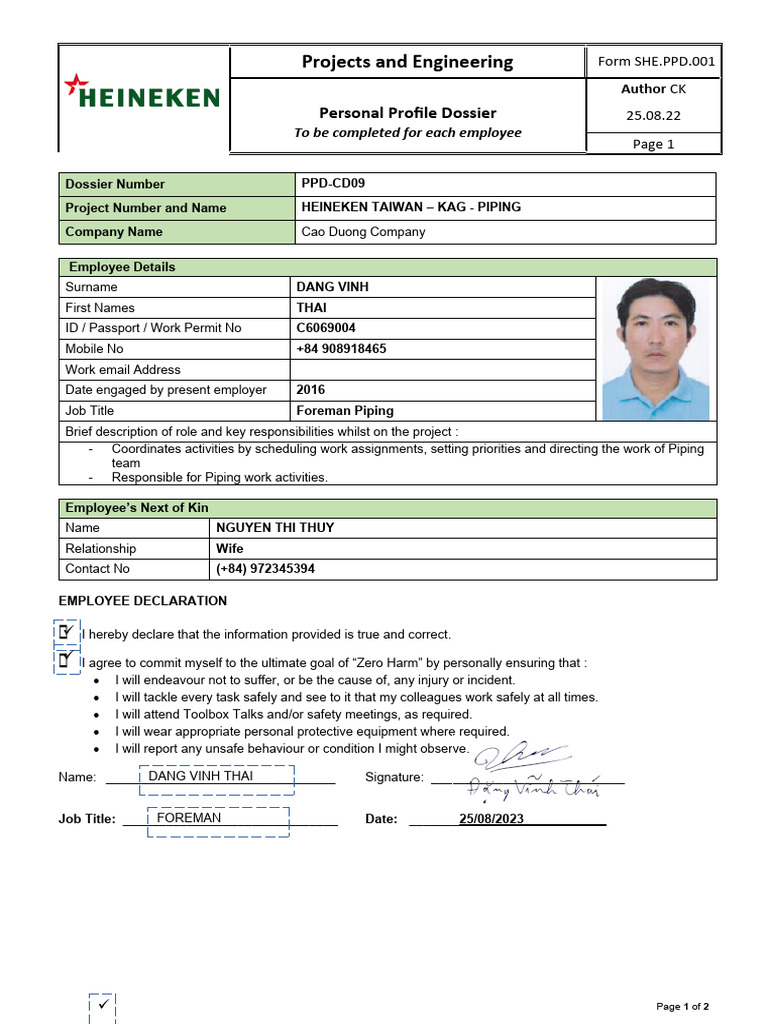 CD09-DANG VINH THAI - Personal Profile Dossier | PDF | Employment | Safety