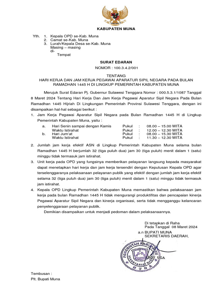 Surat Edaran Jam Kerja ASN Kab. Muna | PDF
