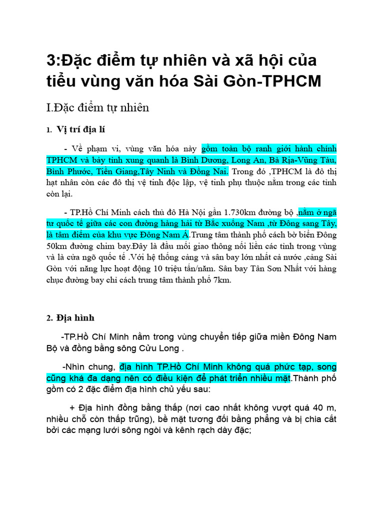 3 - Đặc điểm tự nhiên và xã hội của tiểu vùng văn hóa Sài Gòn-TPHCM | PDF