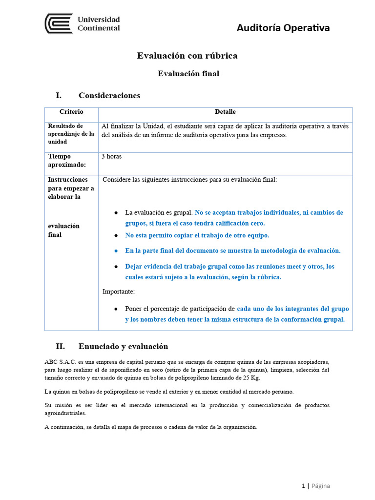 FQ Eval Final Aud Operativa - P Rubrica W | PDF | Evaluación | Seguridad alimenticia