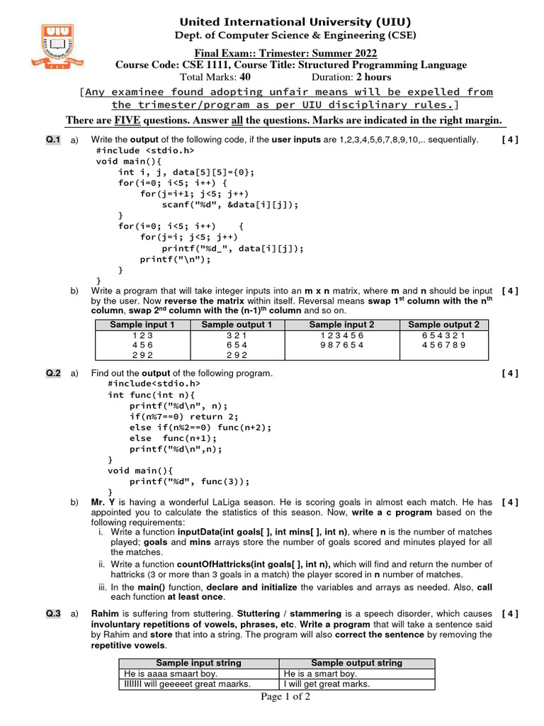Final Exam Question 222 CSE1111 E ME | PDF | Computing | Computer Programming