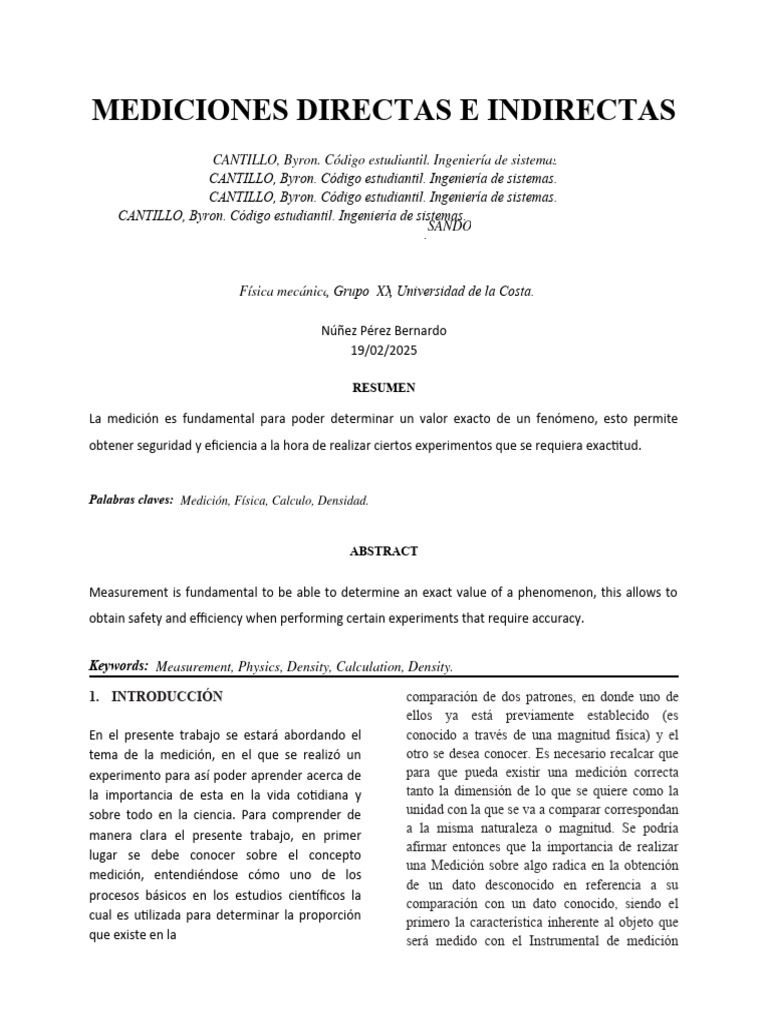 EXPERIENCIA No 1 - Mediciones Directas e Indirectas | Descargar gratis ...