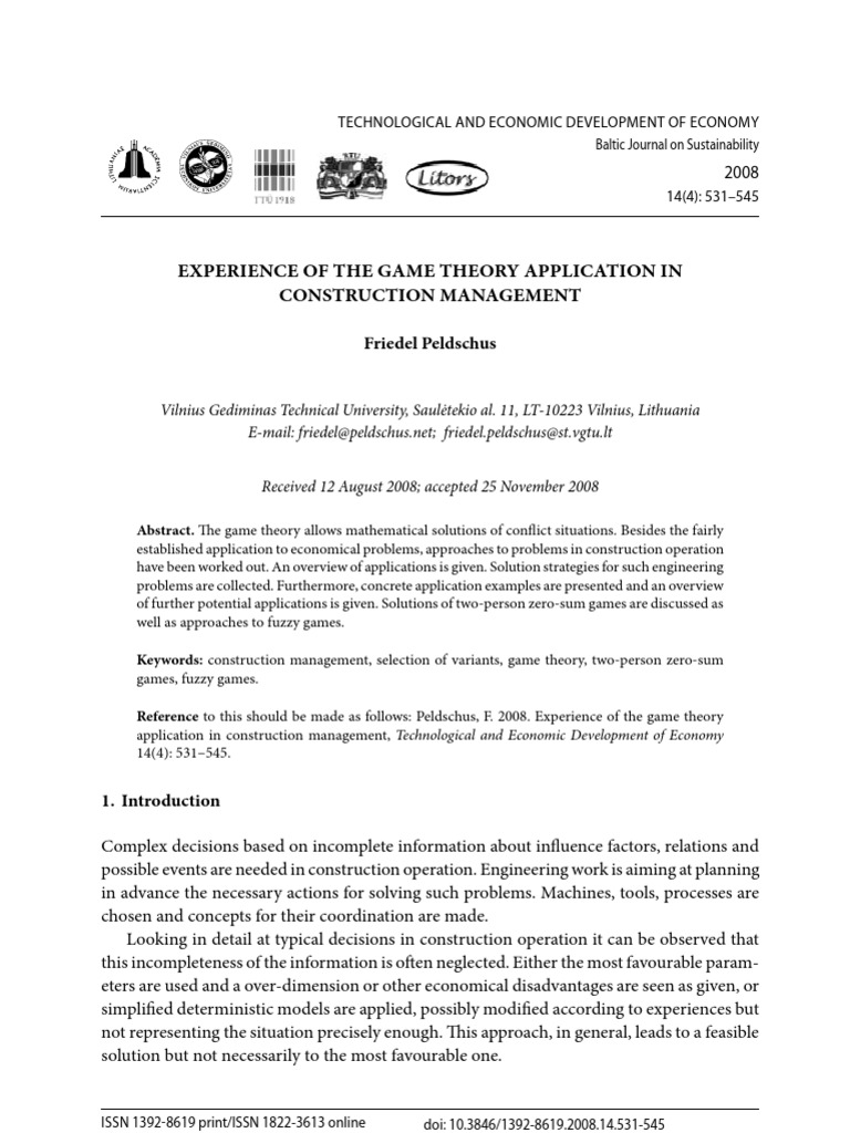 Game Theory in Construction Management | PDF | Game Theory | Matrix ...