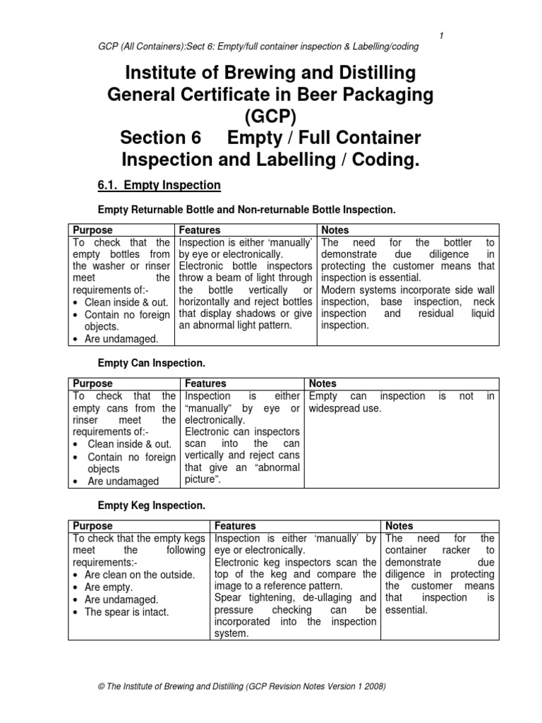 GCP Sect6 Container Inspection | PDF | Packaging And Labeling | Beer