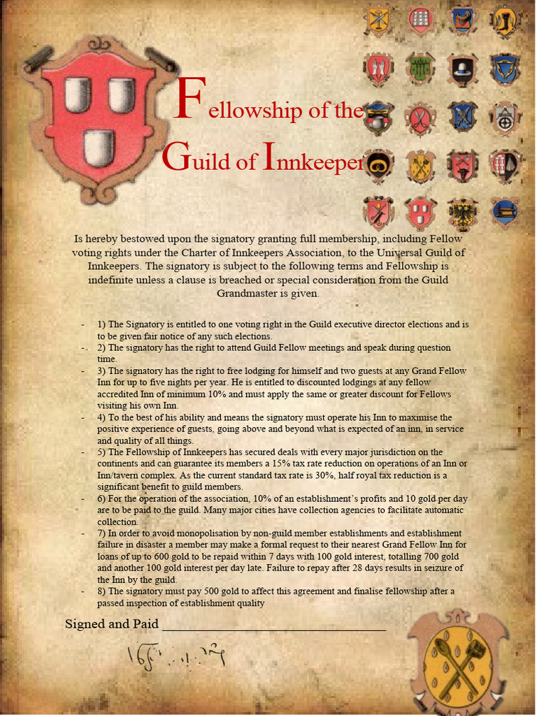 Fellowship of Innkeepers Contract | PDF | Guild | Inn