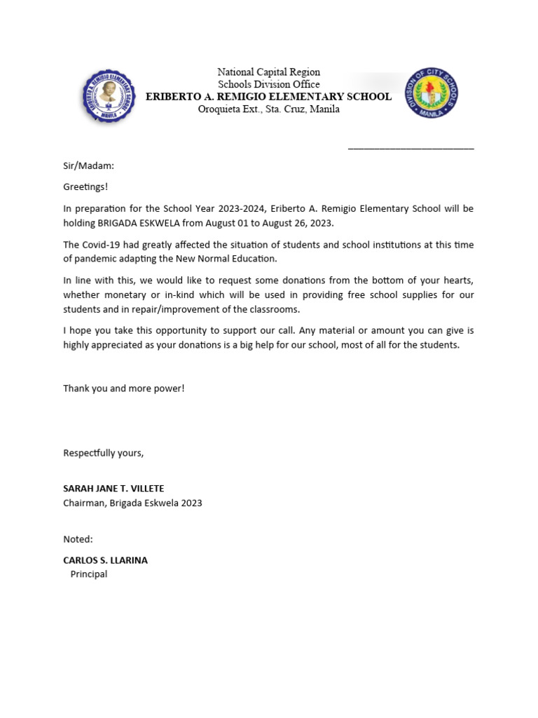 Solicitation Letter For Brigada Eskwela | PDF | Social Science | Wellness
