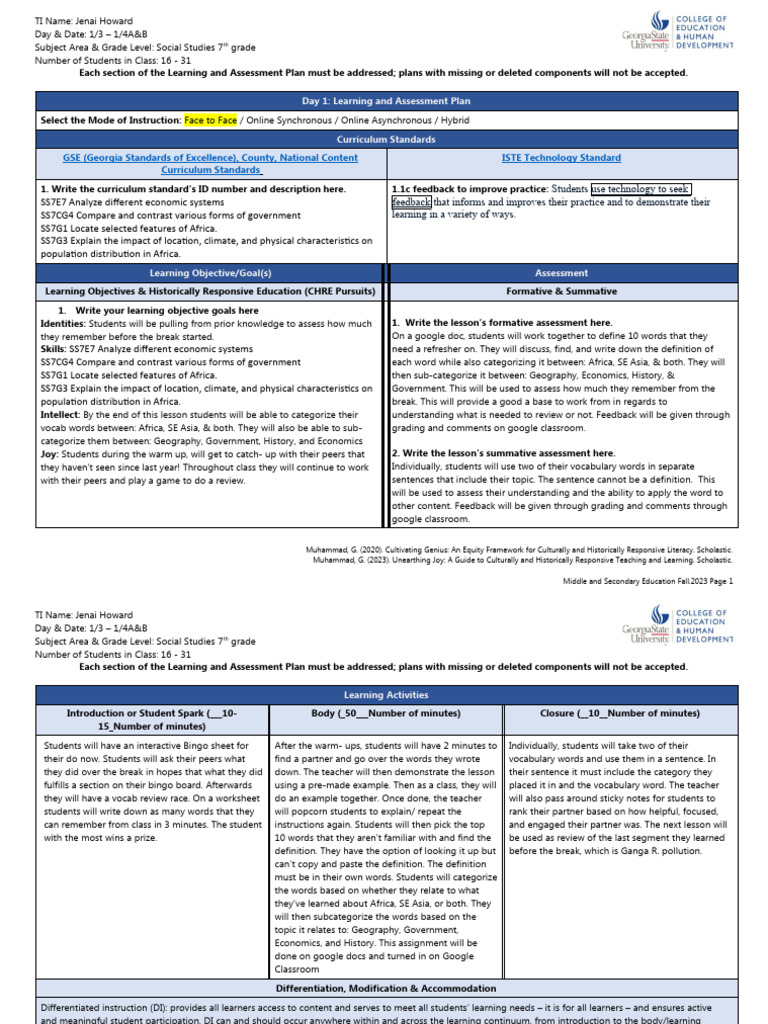 Mse Learning and Assessment Plan Template Semester 2 Week 1 3rd Thru ...