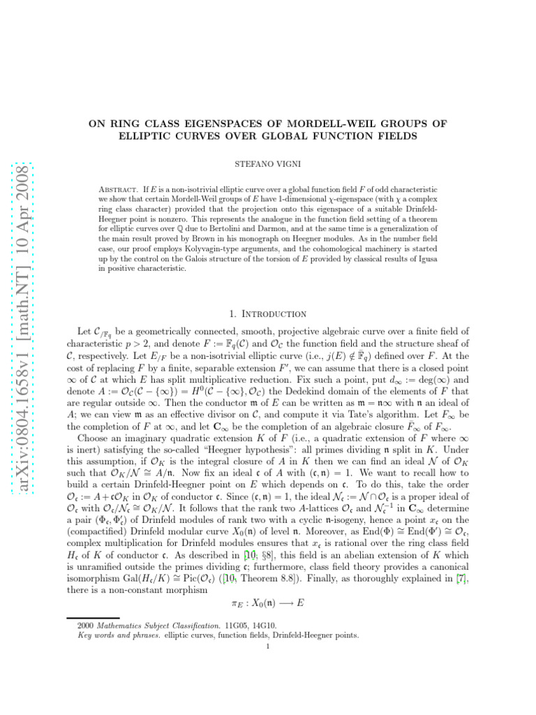 Vigni Mordeil Weil Group Over Function Field | PDF | Field (Mathematics ...