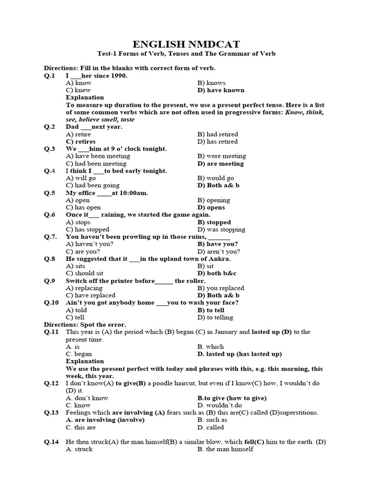 Test-1 Forms of Verb, Tenses and The Grammar of Verb | PDF | Languages ...