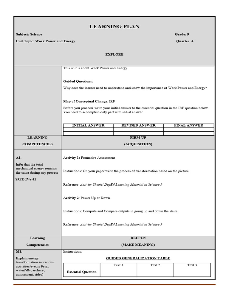 DRAFTLearning Plan G10Q1 U1. | PDF | Learning | Science