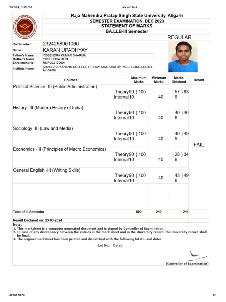 BA LLB III Semester Marks - RMPU | PDF | Liberal Arts Education