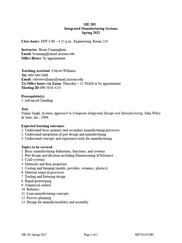 SIE383 Spring2022 Syllabus REV A | PDF | Numerical Control