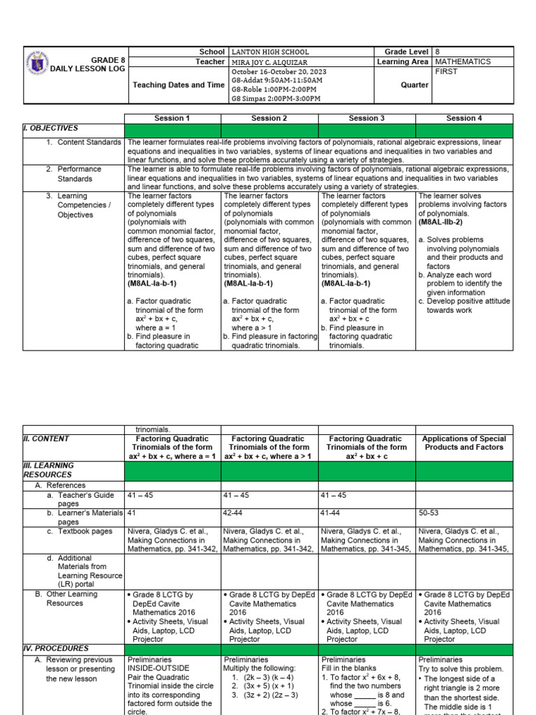 Grade 8 Math Lesson Plan: Factoring Quadratics | PDF | Factorization | Polynomial
