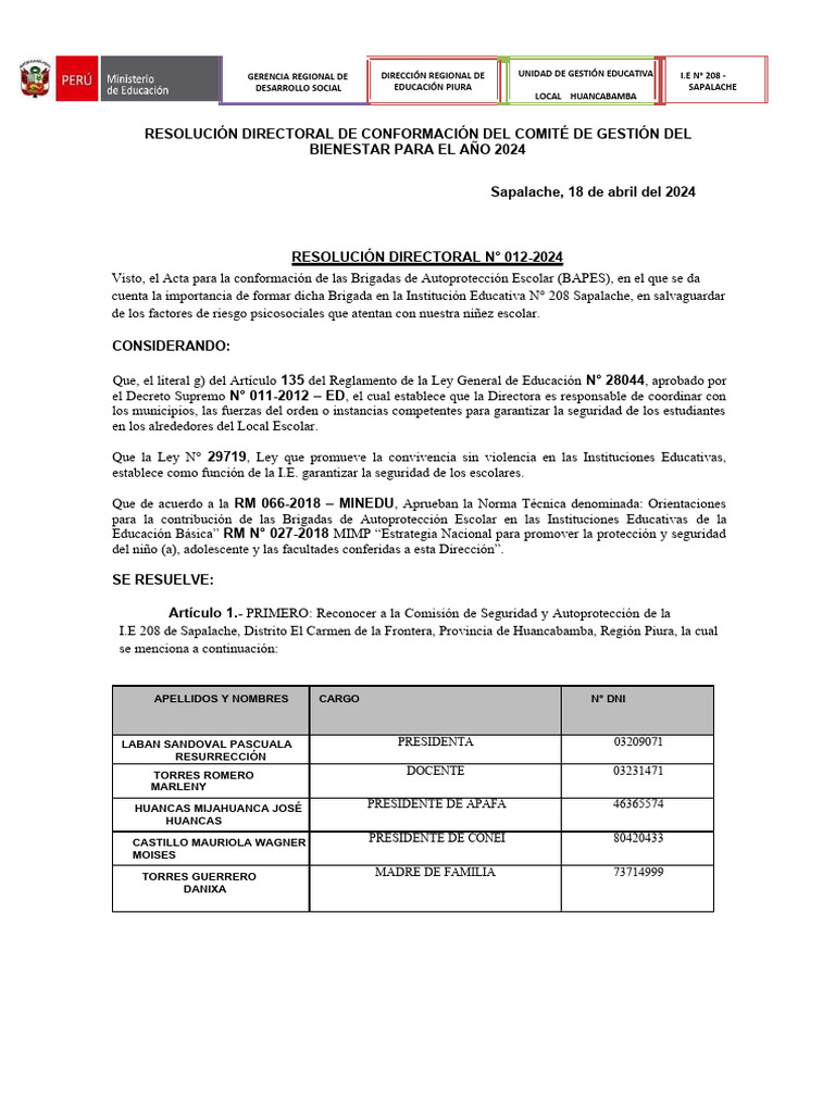 Resolucion Directoral Bapes Bigrada de Autoproteccion Escolar 2024 | Descargar gratis PDF ...