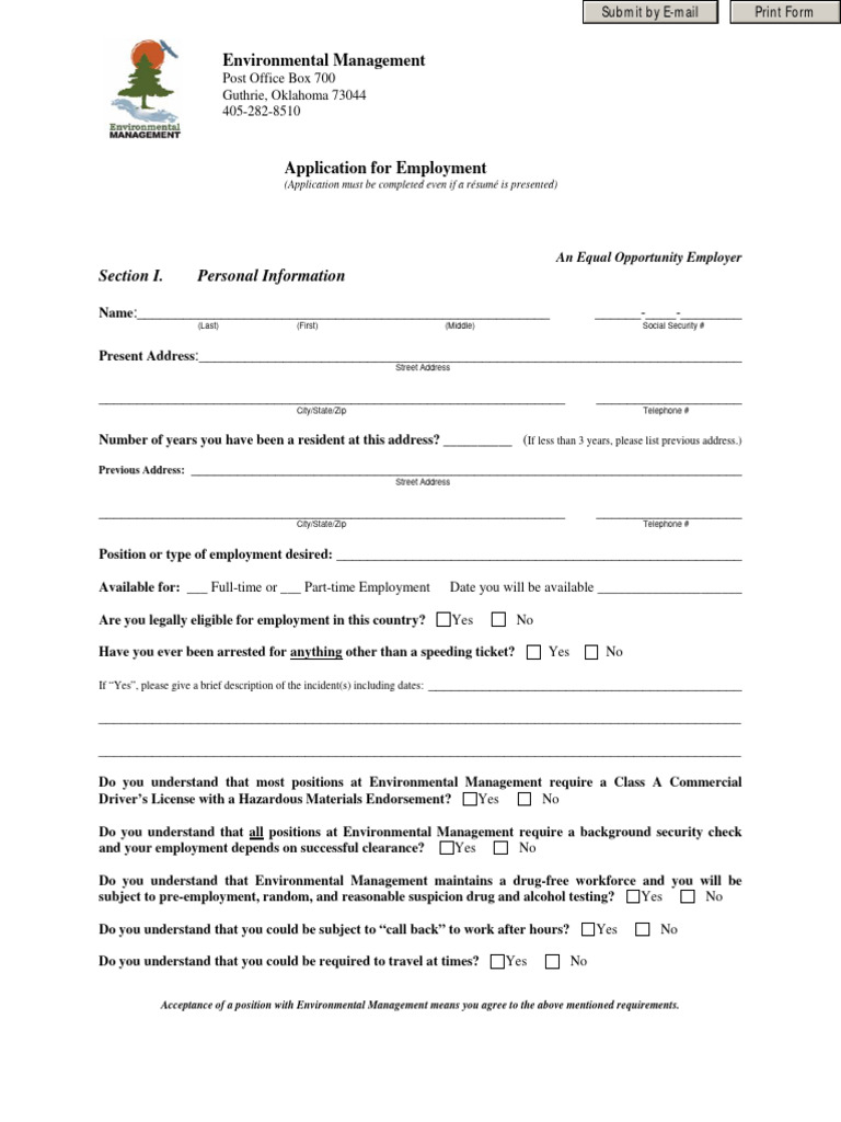 Employment Application for Environmental Management | PDF | Employment ...