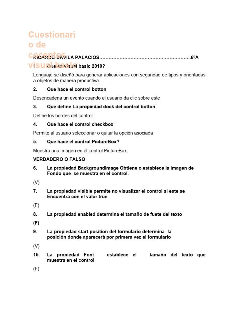 Cuestionario Visual Basic | PDF | Tecnología