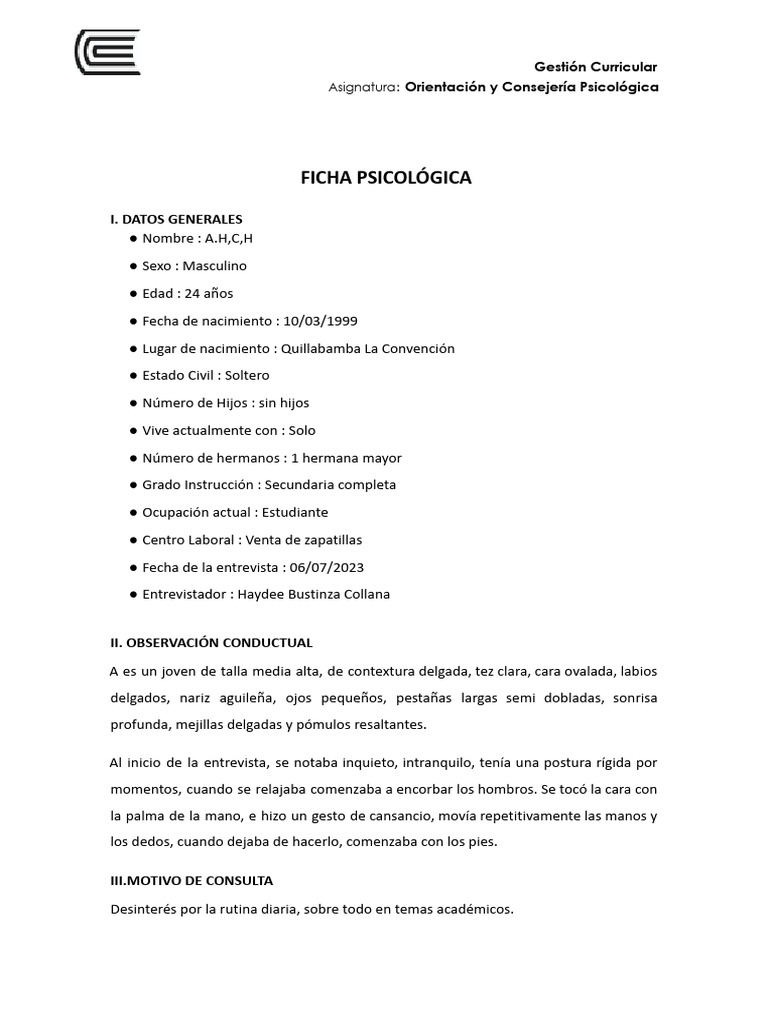 Informe Psicologico | PDF | Ciencias del comportamiento | Sicología